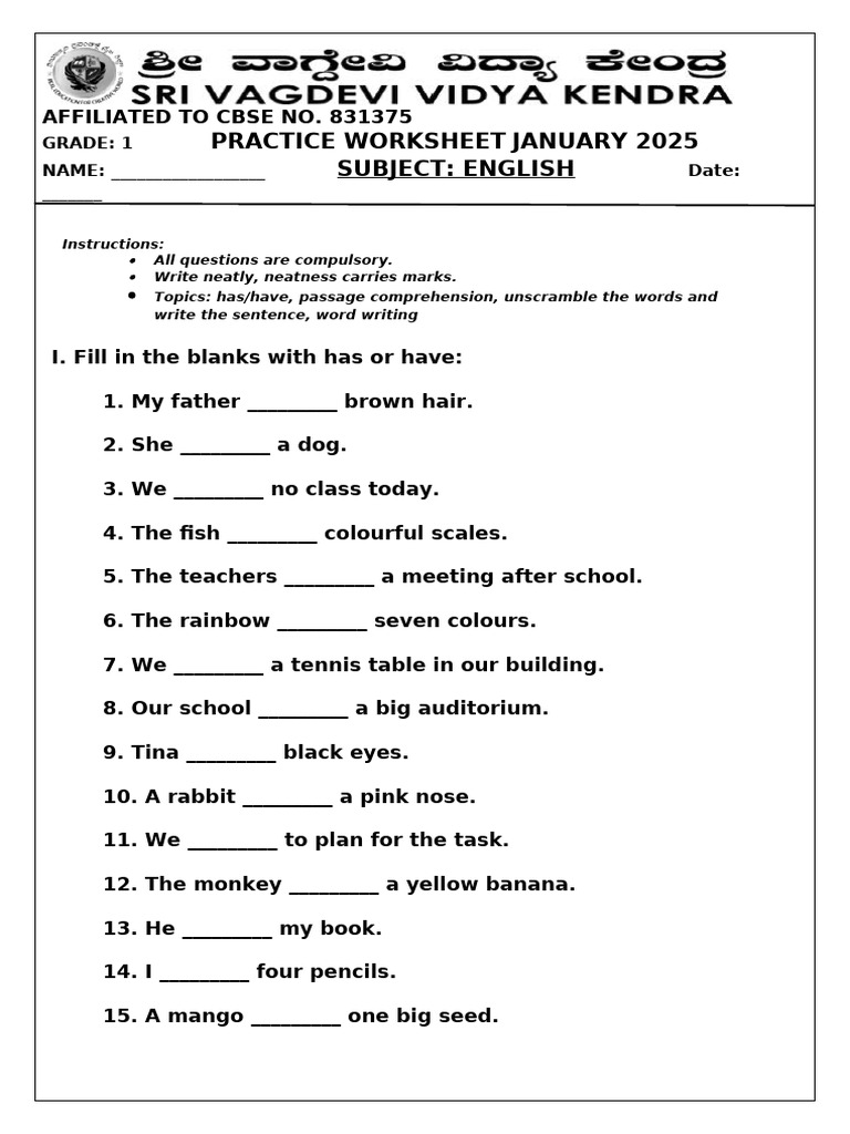 Grade 1 English Practice Worksheet | PDF