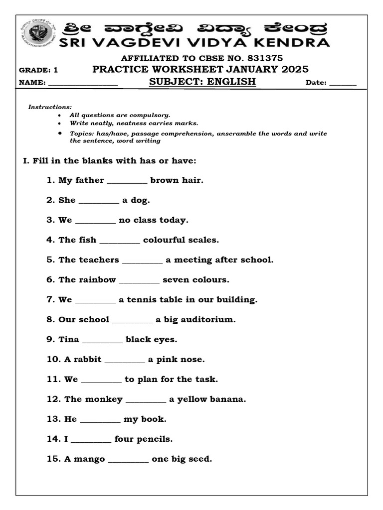 Grade 1 English Worksheet Jan 2025 | PDF