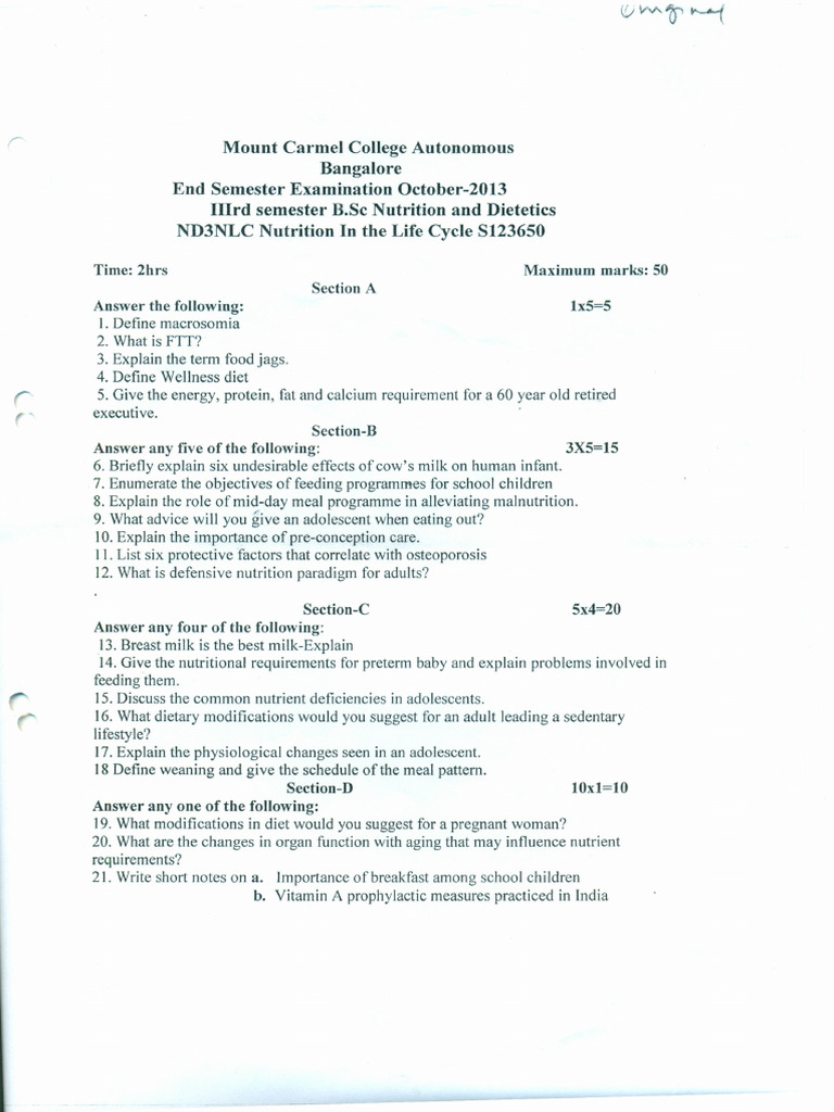 Nutrition Life Cycle Exam Questions | PDF