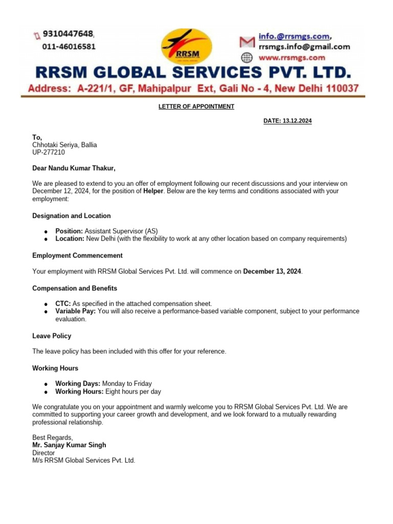 LETTER OF APPOINTMENT Nandu Kumar Thakur | PDF