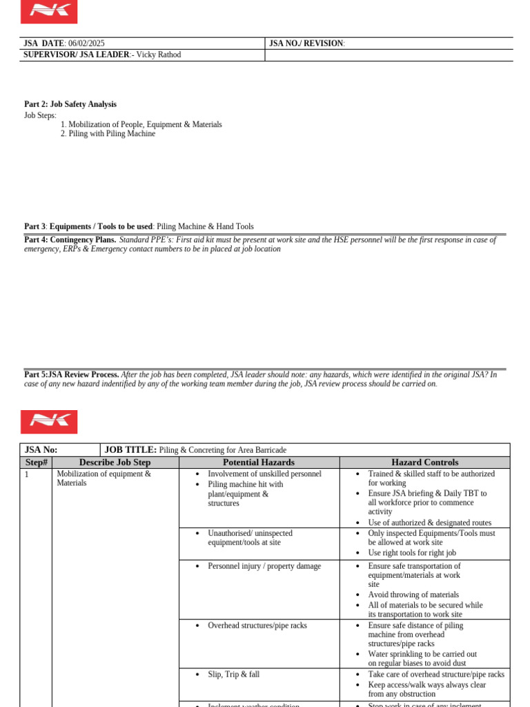 N.K JSA For Piling - IRIPL | PDF | Personal Protective Equipment | Safety