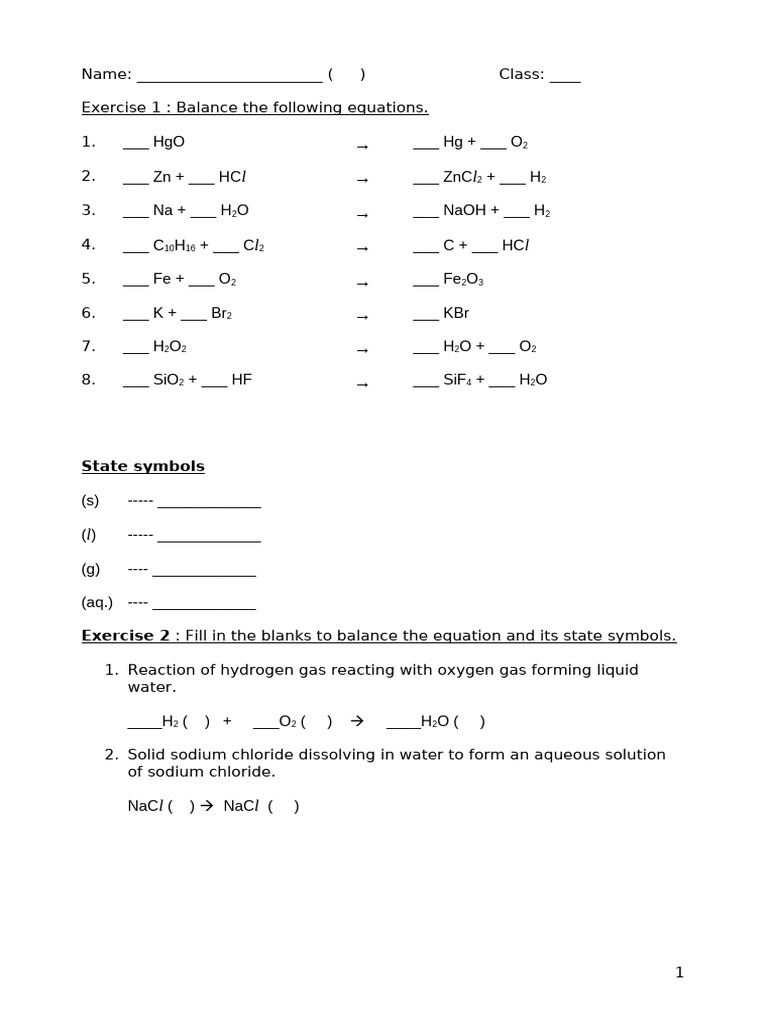 BalancingChemicalEquationsWorksheet New | PDF