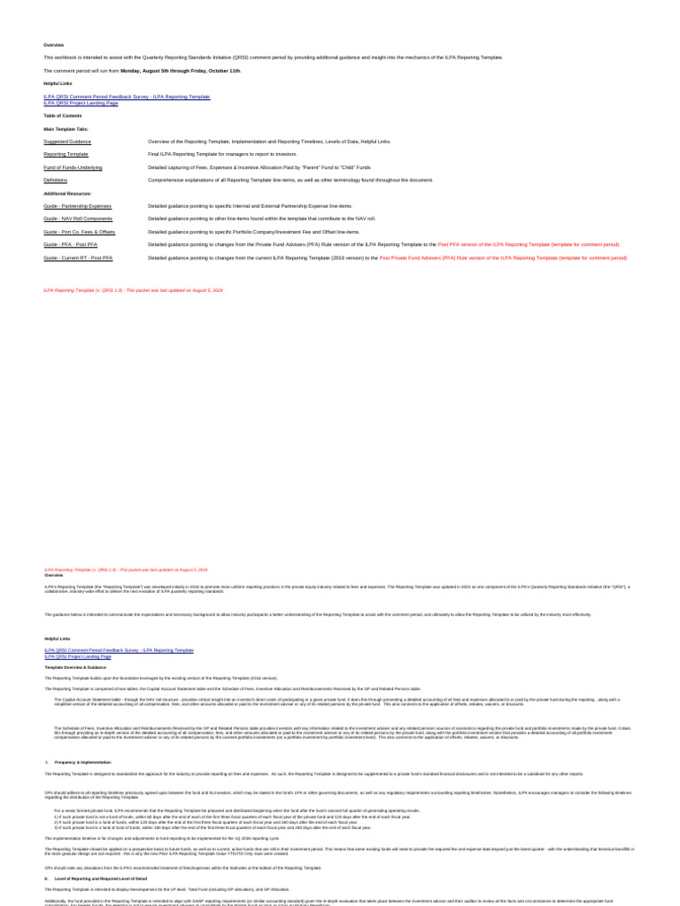 ILPA Reporting Template Post PFA Comment Period QRSI 1.0 | PDF | Income ...