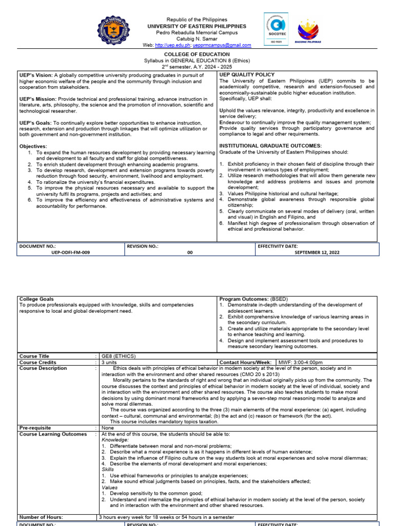 CHED Ethics Syllabus for GE8 Course | PDF | Morality | Virtue
