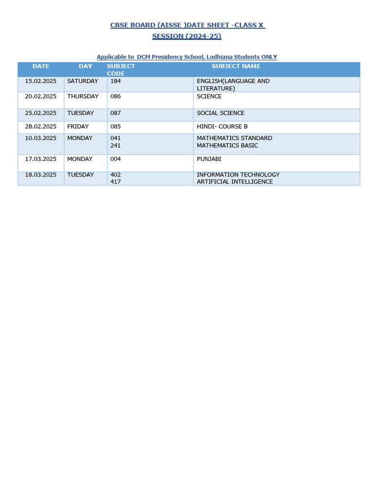 Cbse Board Exams Datesheet - Class X | PDF