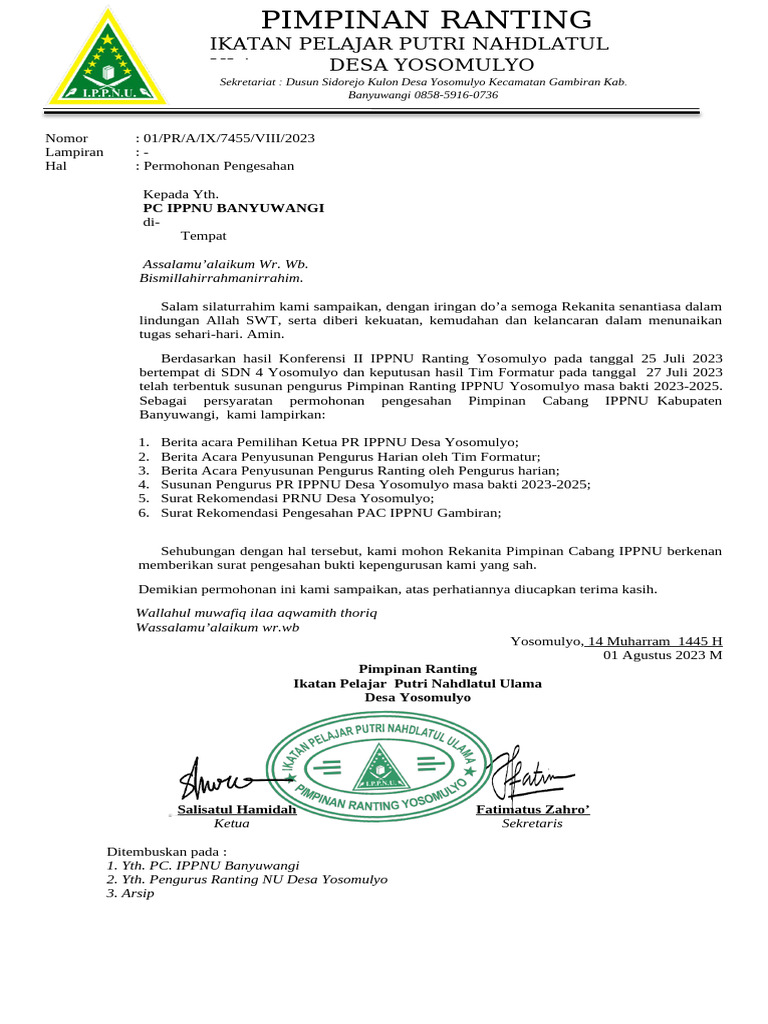 Permohonan Pengesahan Ippnu Ranting Yosomulyo | PDF