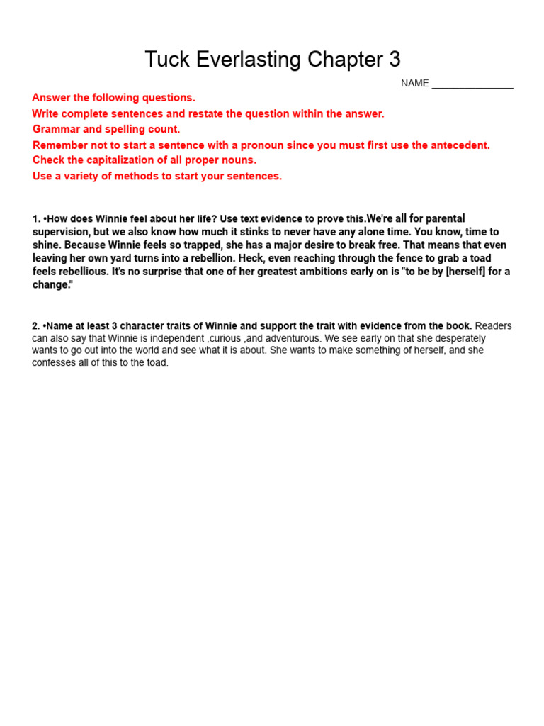 Tuck Everlasting Chap 3 Questions | PDF
