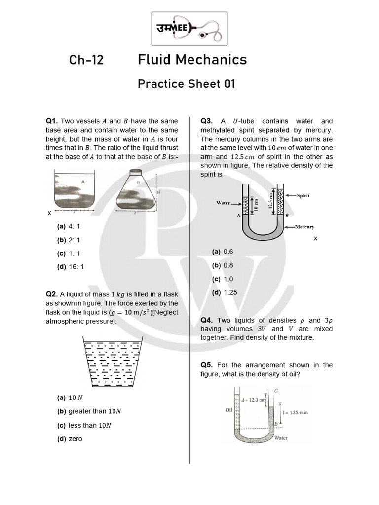 Fluid Mechanics_ Practice Sheet | PDF | Pressure | Density