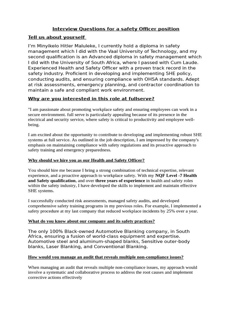 Safety Officer Interview Questions Guide | PDF | Occupational Safety ...