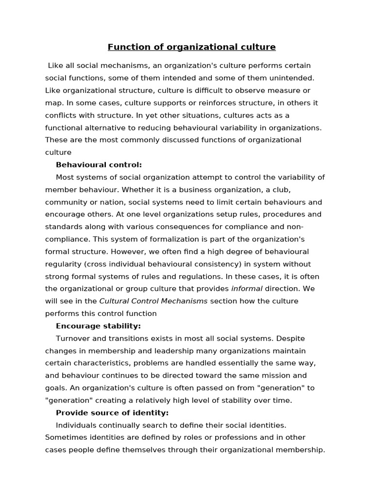Function of Organizational Culture | PDF | Organizational Culture ...