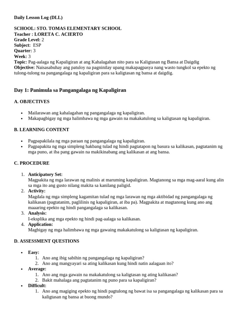 Daily Lesson Log ESP | PDF