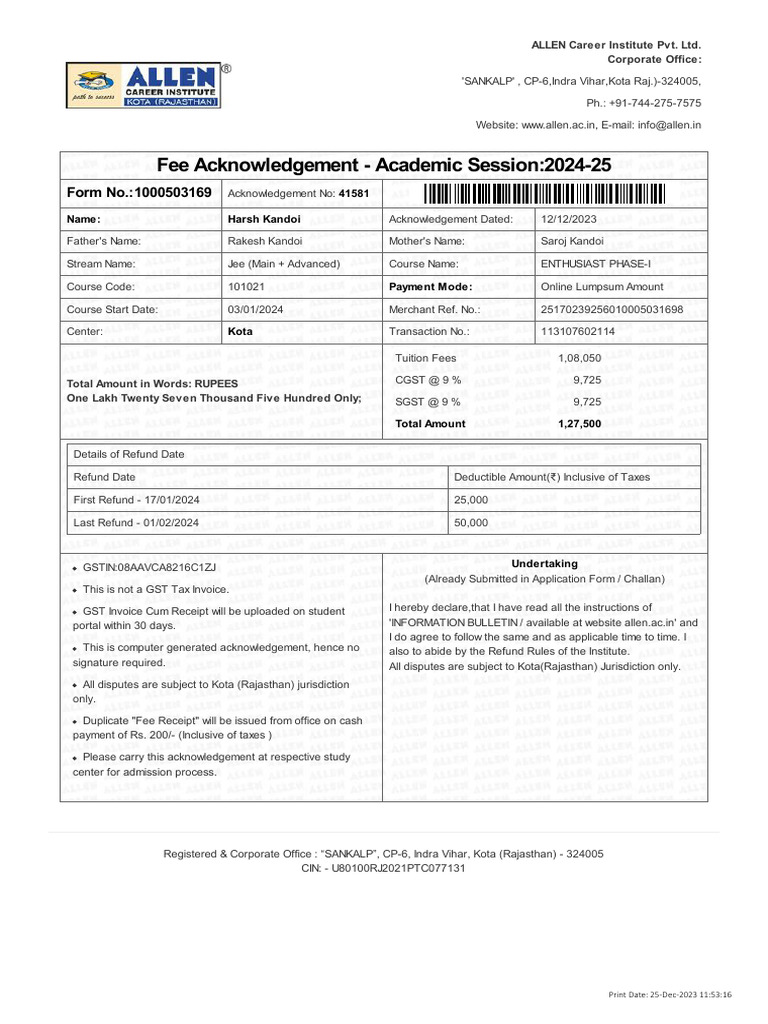 Allen Fee Receipt 2024-25 | PDF | Receipt | Taxation