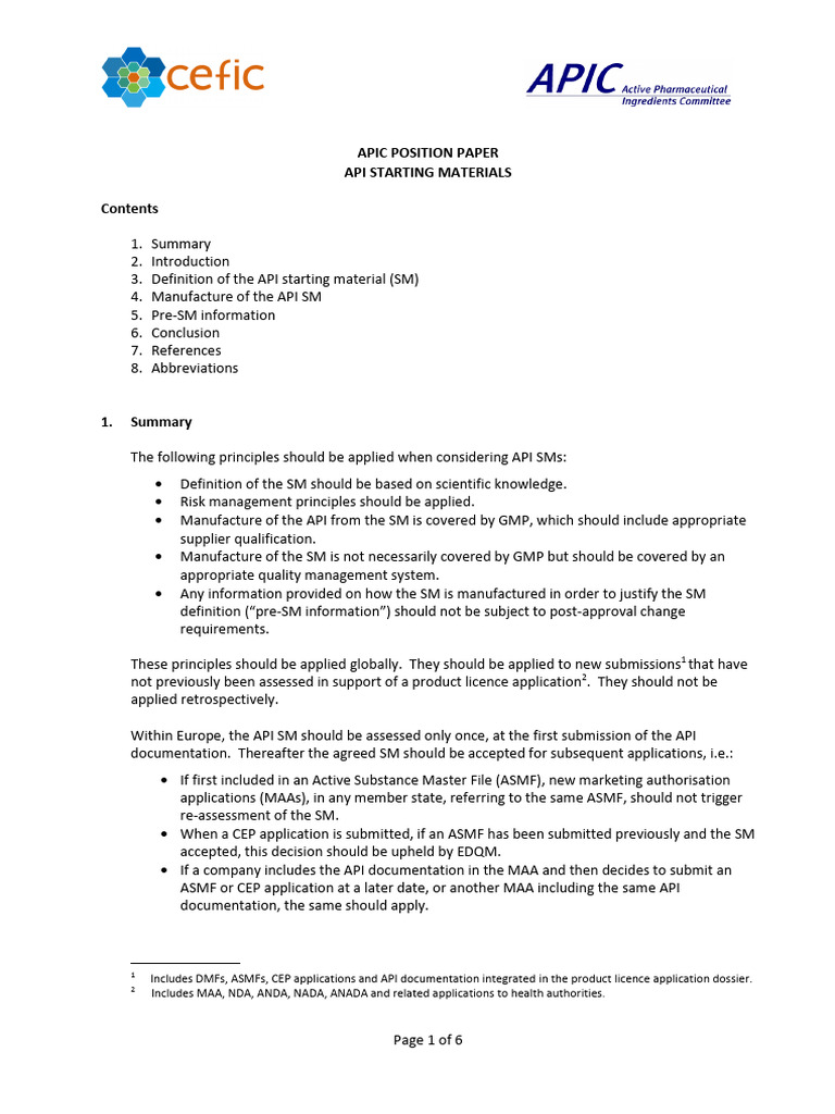 APIC Position Paper On API Starting Materials Jan2014 | PDF
