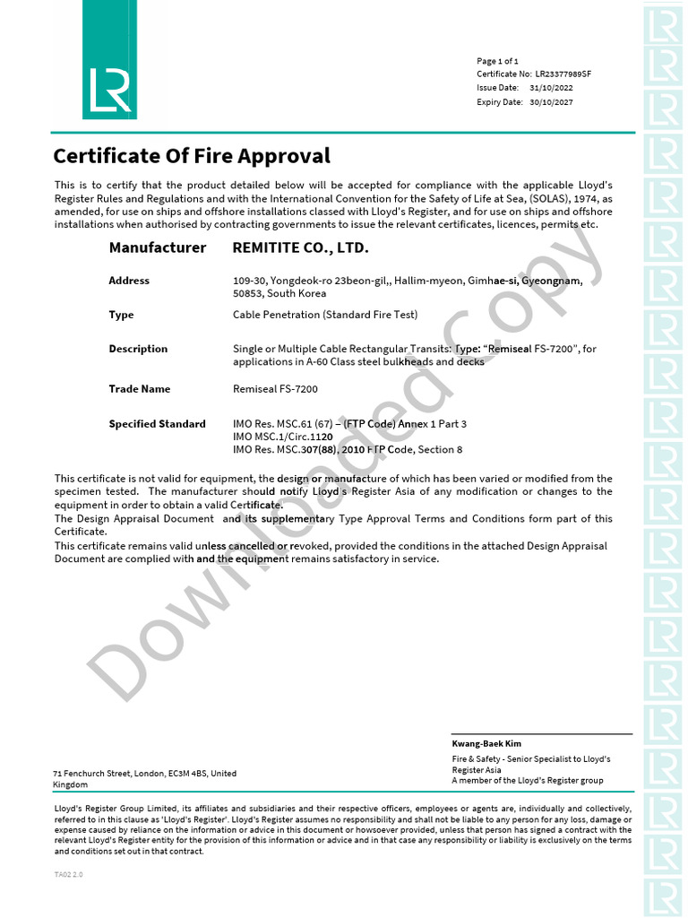 Lloyd's Fire Approval Certificate for Remiseal FS-7200 | PDF | Business ...