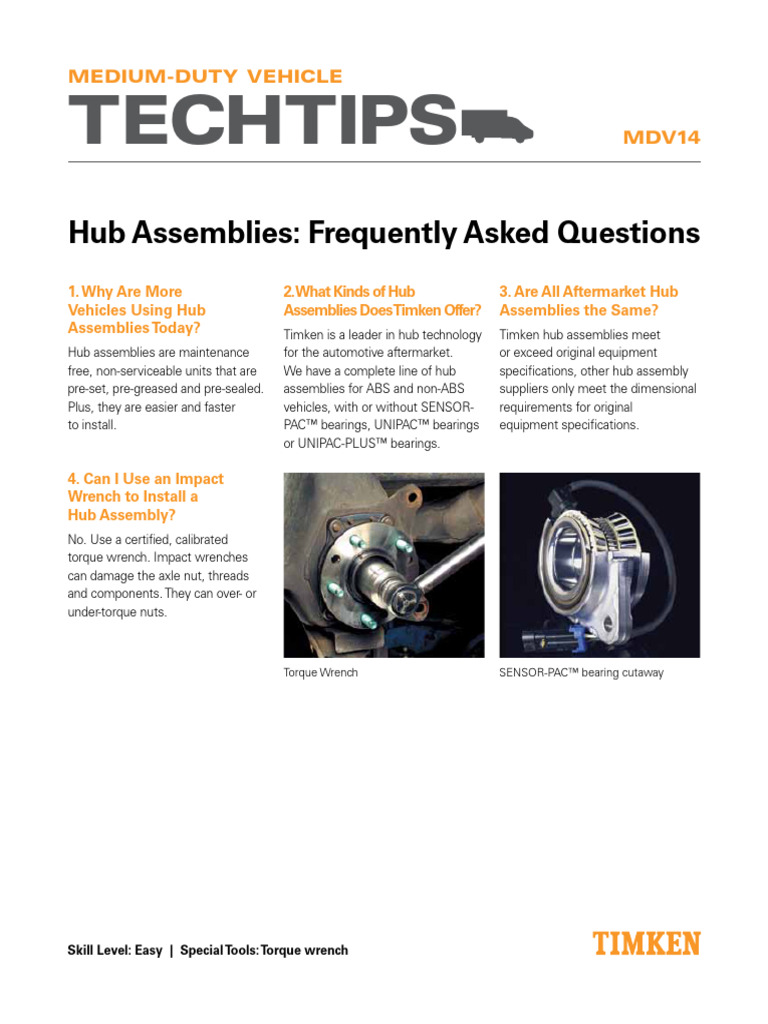 Timken MDV14 Hub Assemblies Frequently Asked Questions - 10838 | PDF ...