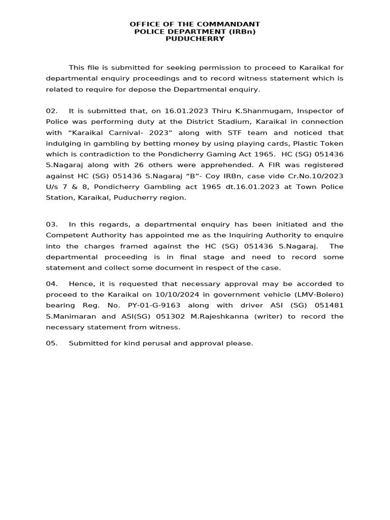 Office of The Commandant Police Department (Irbn) Puducherry | PDF ...