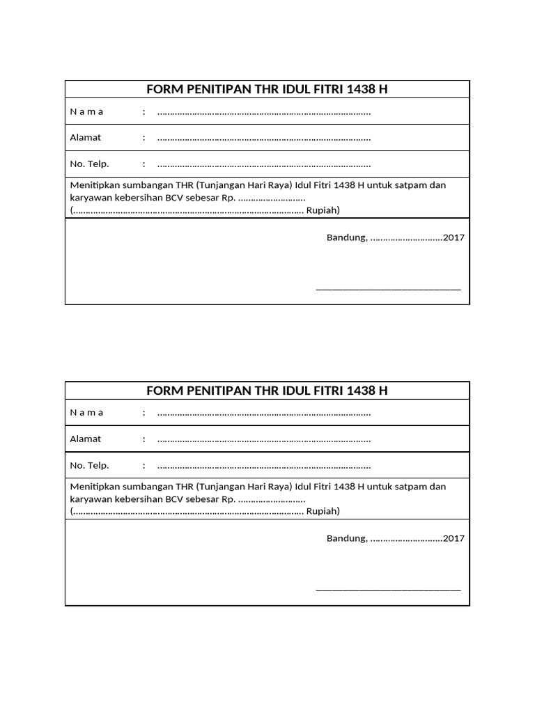FORM PENITIPAN THR IDUL FITRI 1438 H | PDF