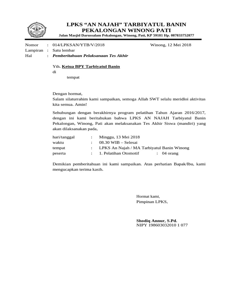 Pemberitahuan Tes Akhir LPKS An Najah | PDF