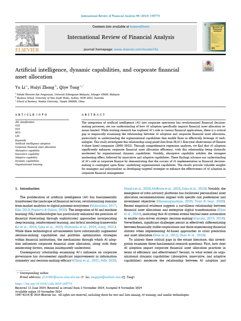 Artificial Intelligence, Dynamic Capabilities, and Corporate Financial Asset Allocation | PDF ...
