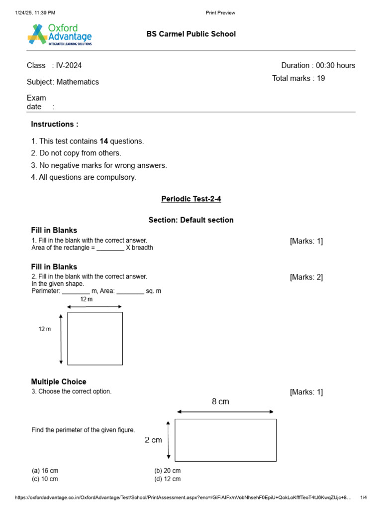 Perimeter | PDF | Area | Multiple Choice