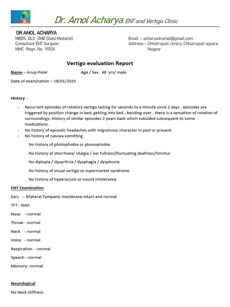 Vertigo Evaluation Report for Anup Patel | PDF | Vertigo | Neurology