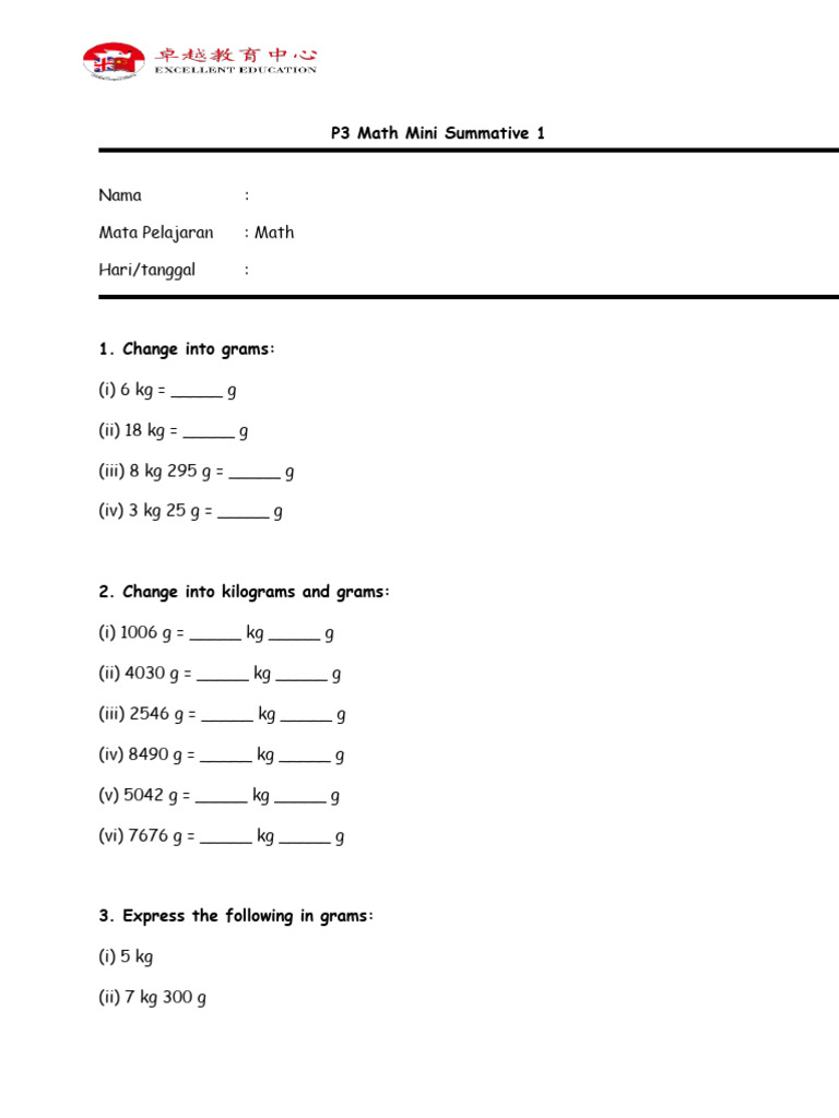 P3 Math Mini Summative 1 - Math 3 Mass | PDF