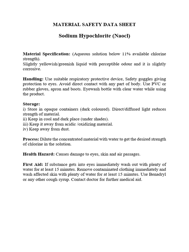 Material Safety Data Sheet Sodium Hypochlorite | PDF