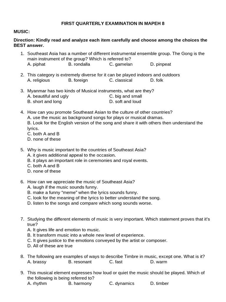 Mapeh 8 First Quarter With Tos | PDF | String Instruments | Physical ...
