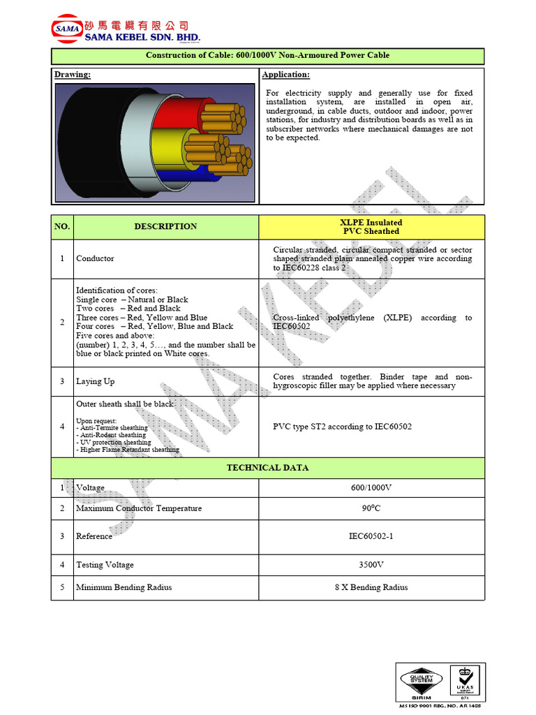 600/1000V Non-Armoured Power Cable | PDF | Electrical Equipment ...