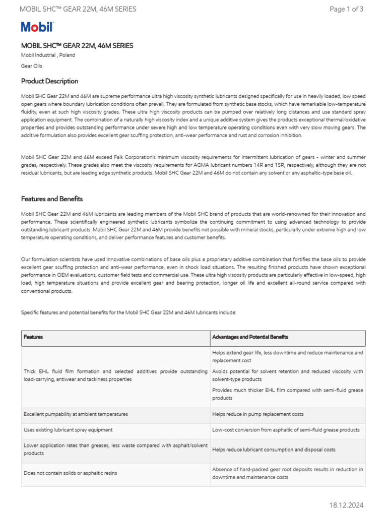 GL XX Mobil SHC Gear 22m 46m Series | PDF | Lubricant | Exxon Mobil