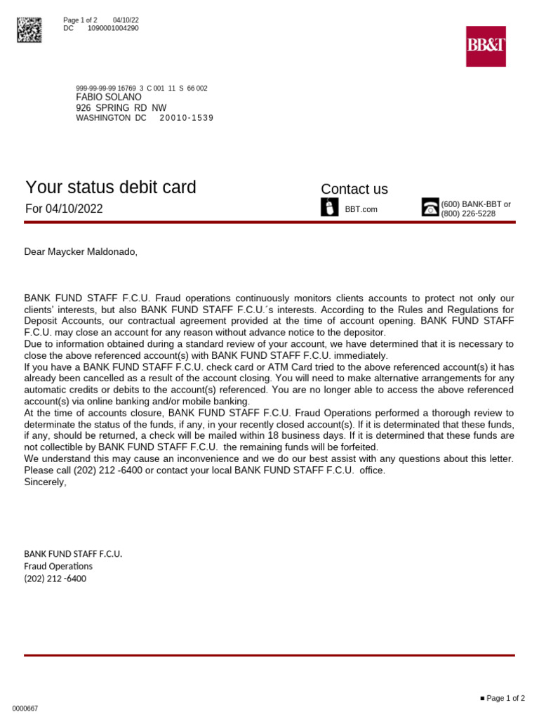 Certificado de Cierre BB&T Bank | PDF | Debit Card | Banks