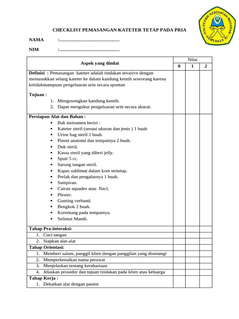 Pemasangan Kateter Pria Cheklist | PDF