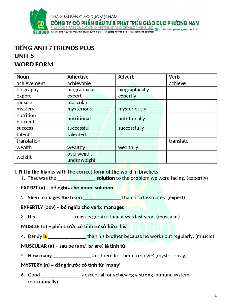 Tiếng Anh 7 Friends Plus - Word Form - Unit - 5 | PDF | Grammar | Syntax
