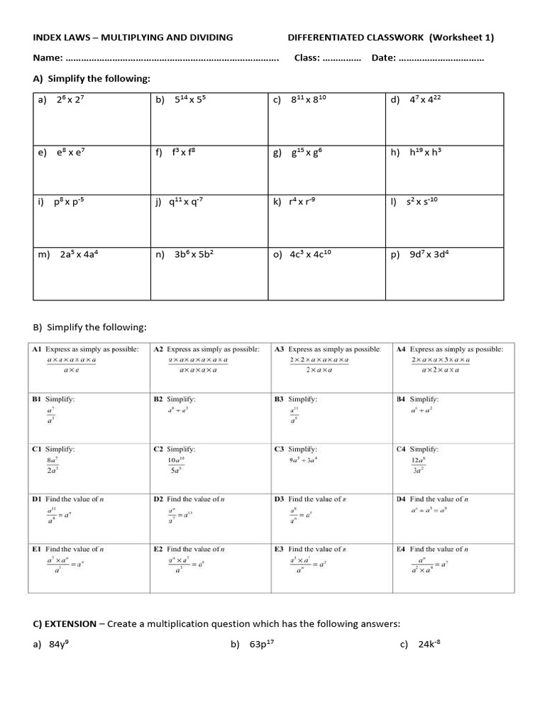 Index Laws Worksheet: Multiply & Divide | PDF | Chess Theory | Chess