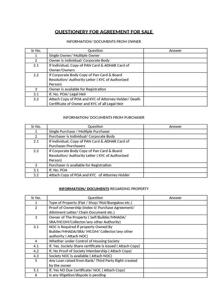 Sale Agreement Questionnaire Guide | PDF | Private Law | Taxes