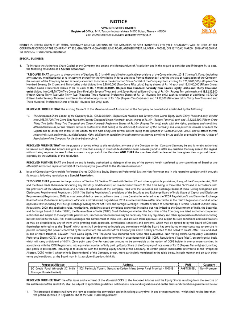 Notice_EGM_for-ccps | PDF | Stocks | Proxy Voting