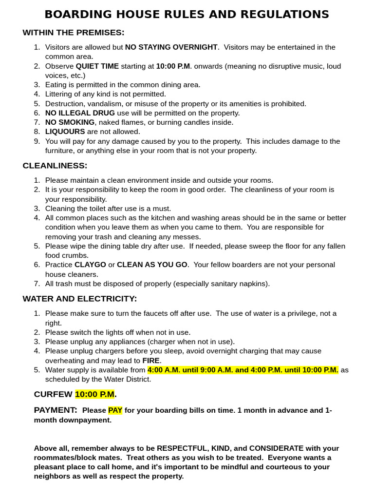 Boarding House Rules and Regulations | PDF