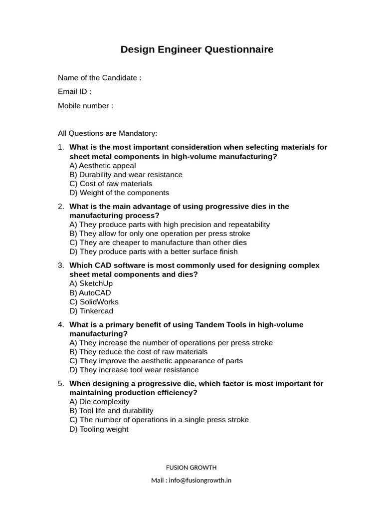Design Engineer Questionnaire for Tooling | PDF | Sheet Metal | Wear