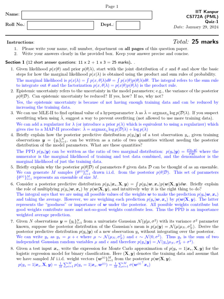 cs772-quiz1-spring24-solutions | PDF | Normal Distribution | Variance