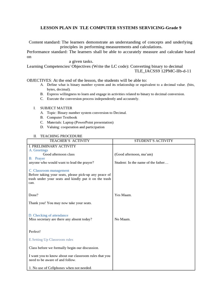 Lesson Plan in Binary Decimal Conversion | PDF | Bit | Arithmetic