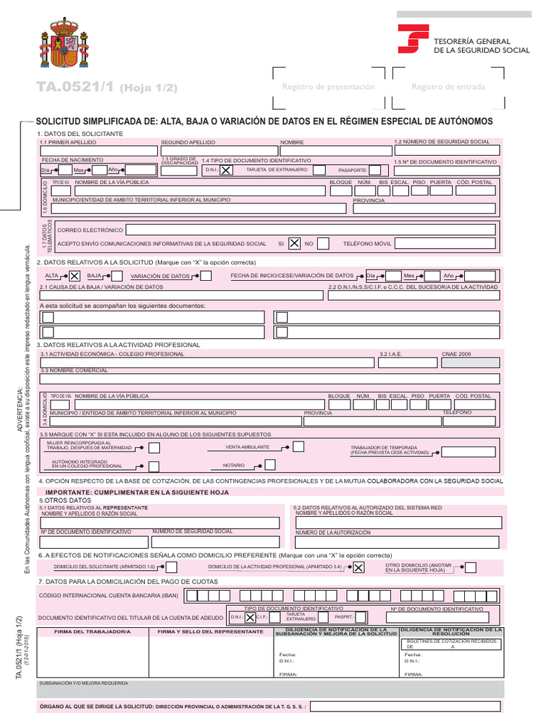ANEXO III - Modelo TA.0521-1 Solicitud Simplificada alta Autónomos | PDF | Esfera pública | Gobierno