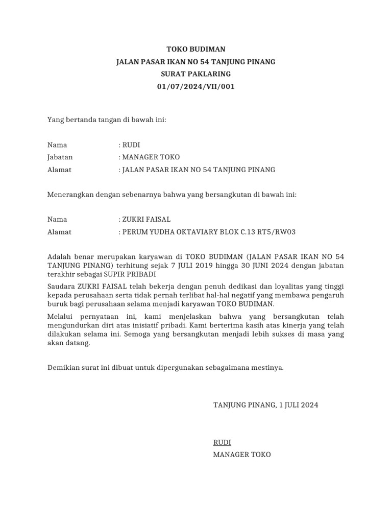 Contoh Surat Paklaring | PDF