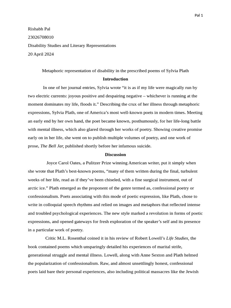 Metaphoric Representation of Disability in The Poems of Sylvia Plath ...