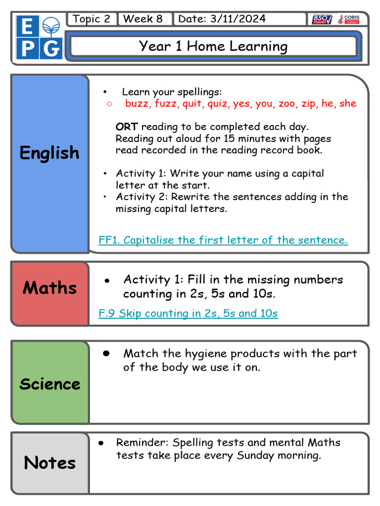 Home Learning Week 8 - Y1 - AY24-25 | PDF