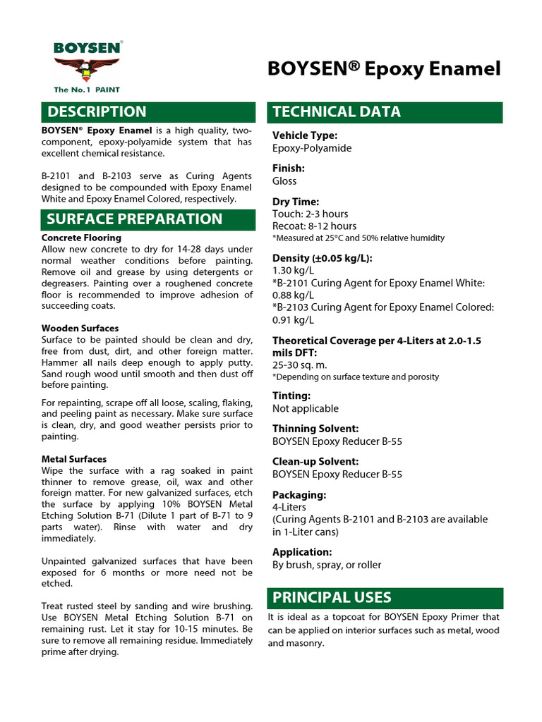 Boysen - Epoxy Enamel - TDS & MSDS | PDF | Toxicity | Dangerous Goods