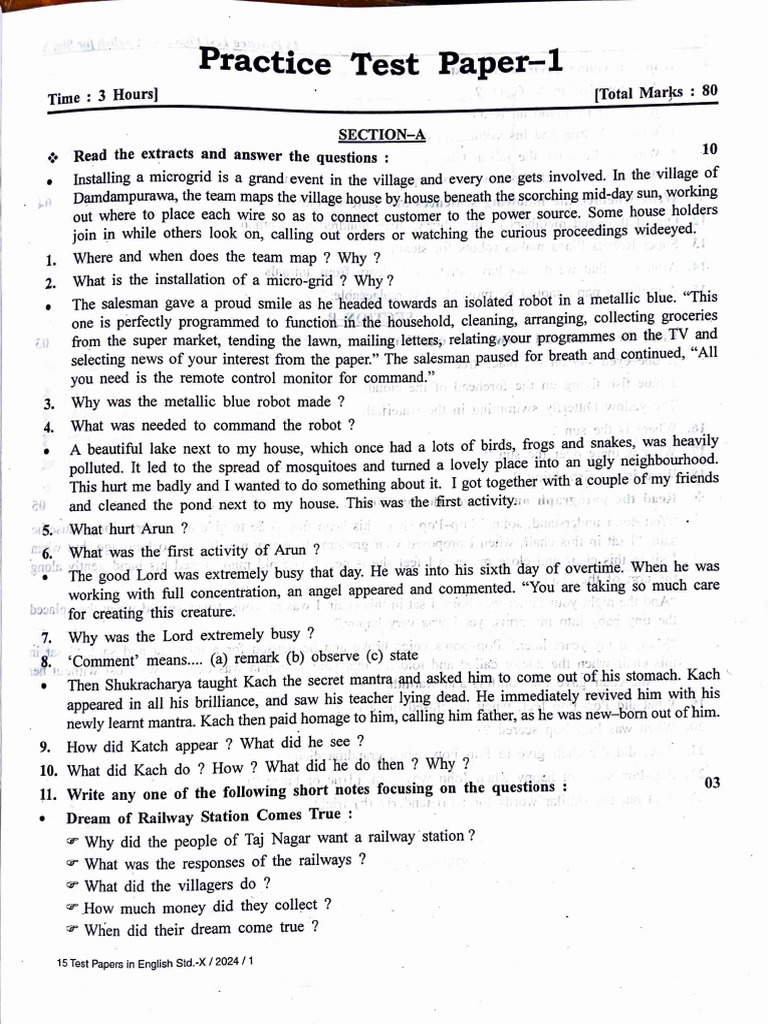 Practice Test Paper for English Std-X | PDF