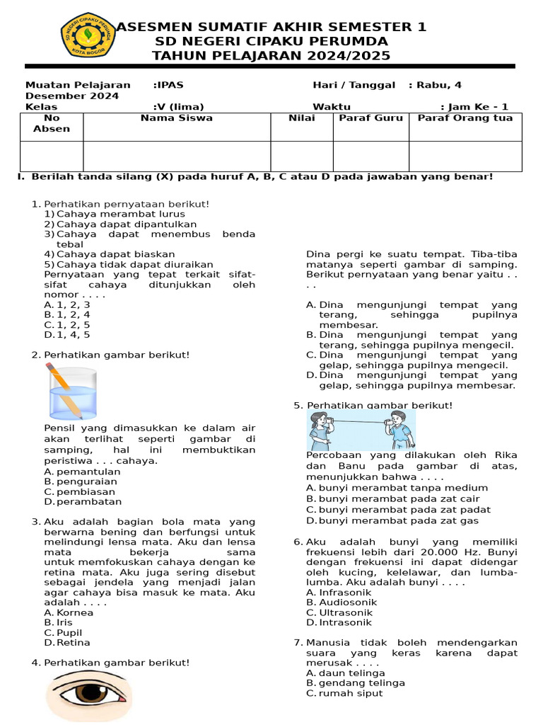ASESMEN SUMATIF AKHIR SEMESTER 1 IPAS KELAS 5 | PDF