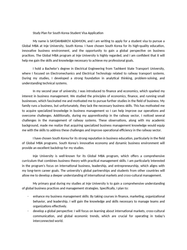 Study Plan For South Korea Student Visa Application - New | PDF ...