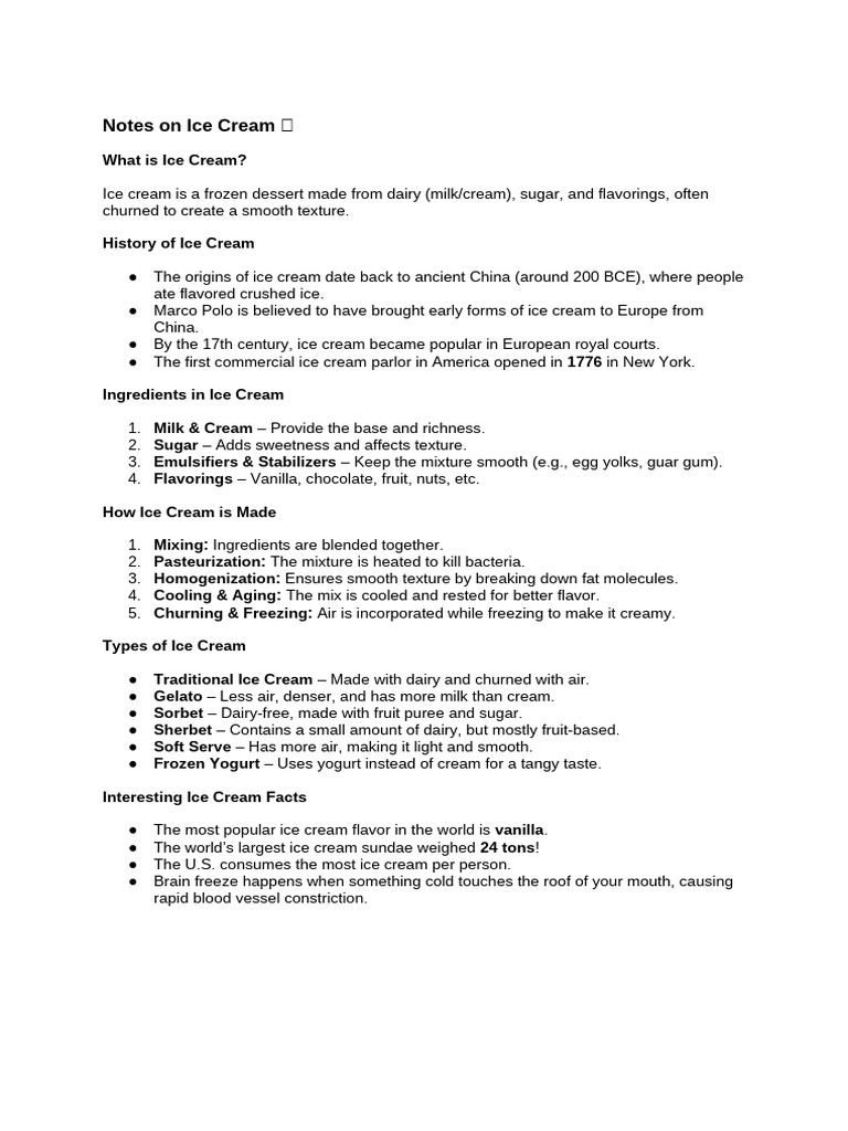 Ice Cream: History, Types, and Ingredients | PDF