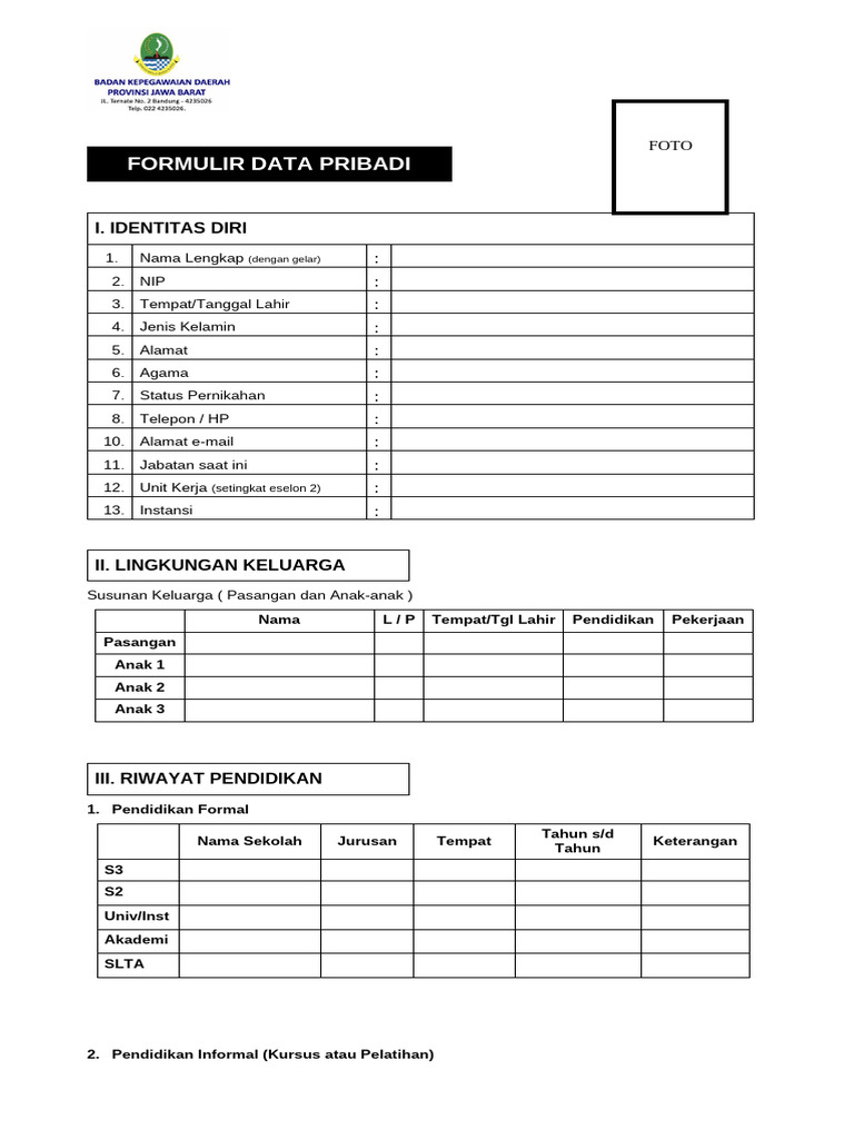 Form DRH Pemprov Jawa Barat - Nama - NIP | PDF